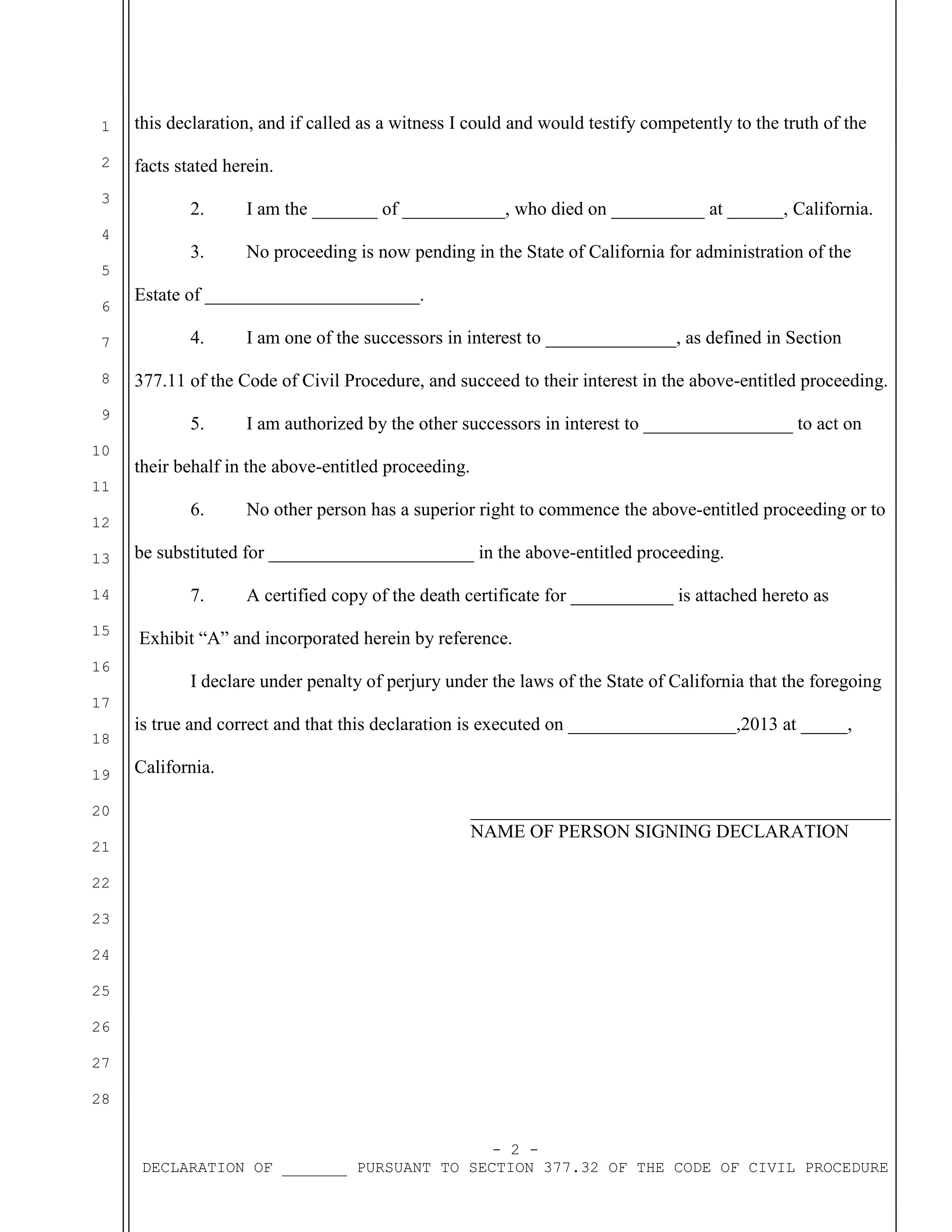 Sample declaration under section 377.32 of the code of civil procedure ...