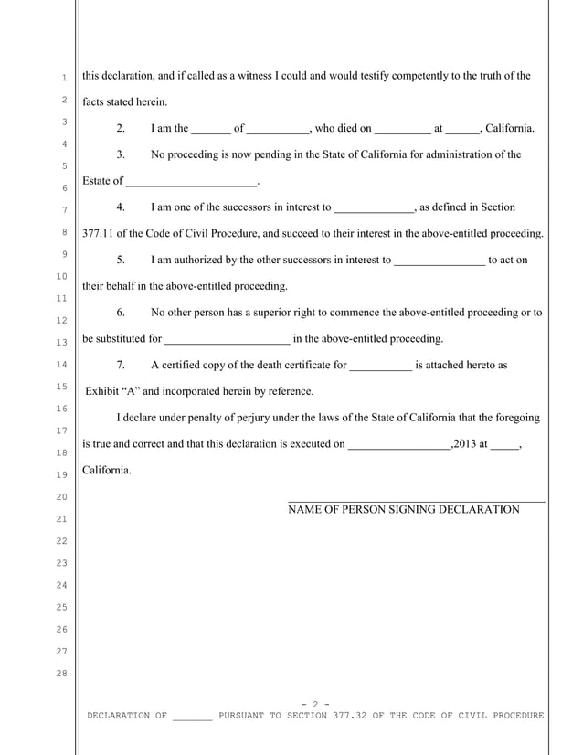 Sample declaration under section 377.32 of the code of civil procedure ...