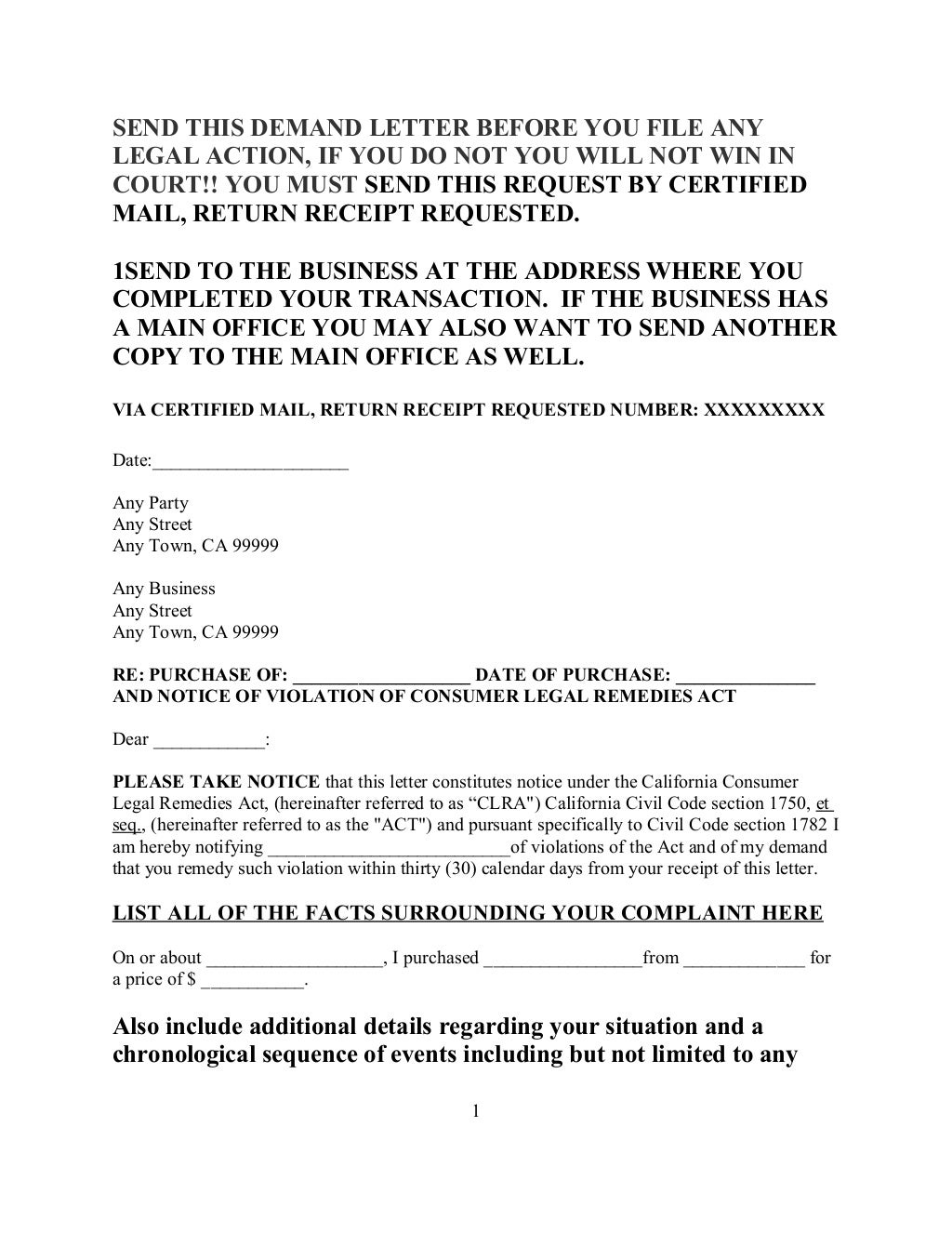 FREE Sample demand letter under consumer legal remedies act for calif…