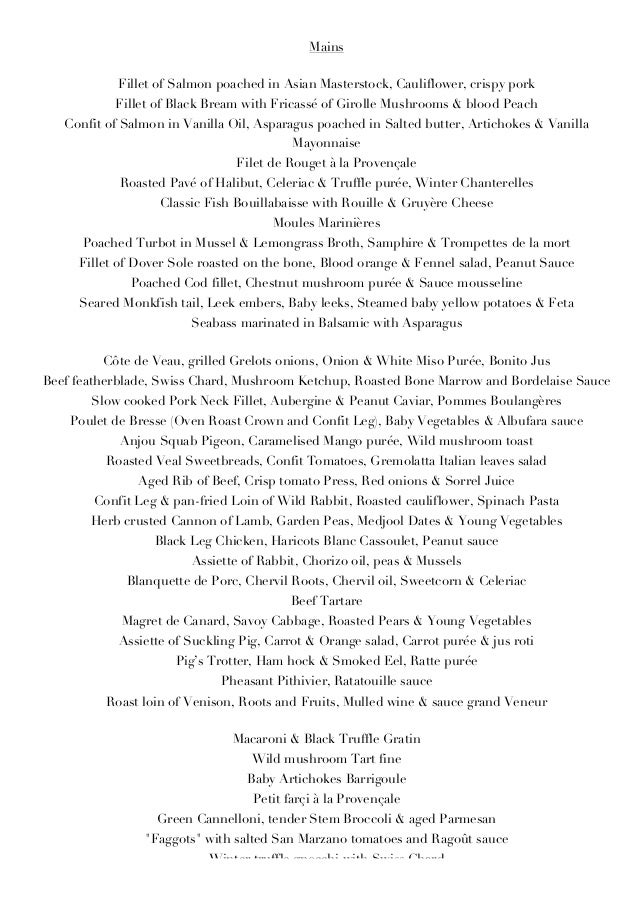 Sample Dinner menu