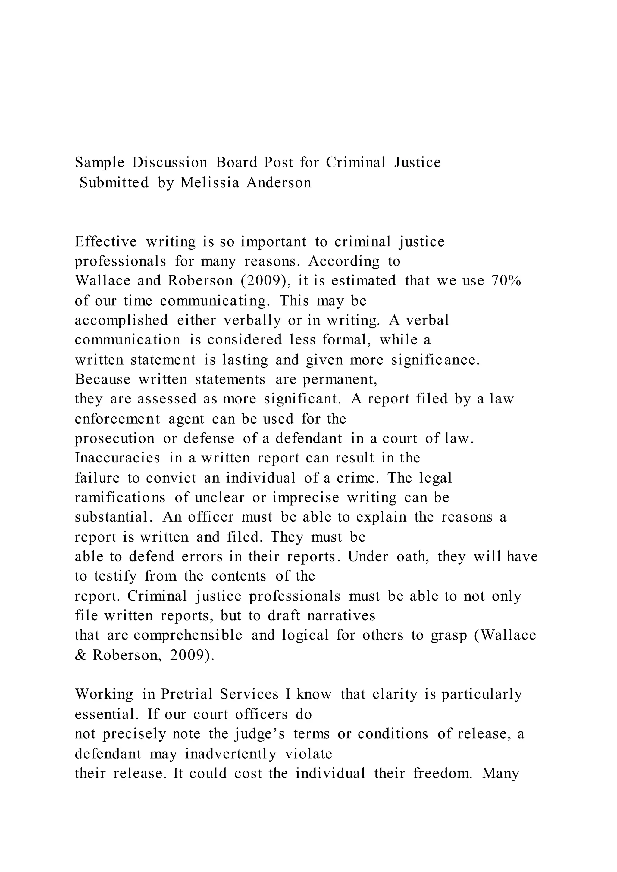 Sample Discussion Board Post for Criminal Justice Submitted | DOCX