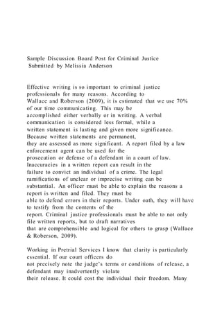 Sample Discussion Board Post for Criminal Justice Submitted | PDF