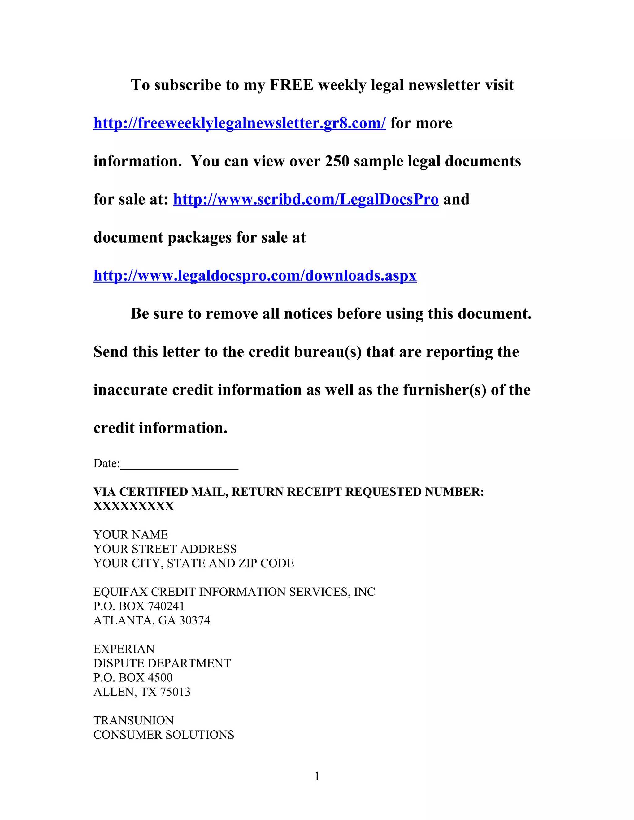 Sample dispute letter to credit bureau under Fair Credit Reporting Act ...