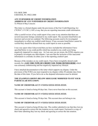 Sample dispute letter to credit bureau under Fair Credit Reporting Act ...