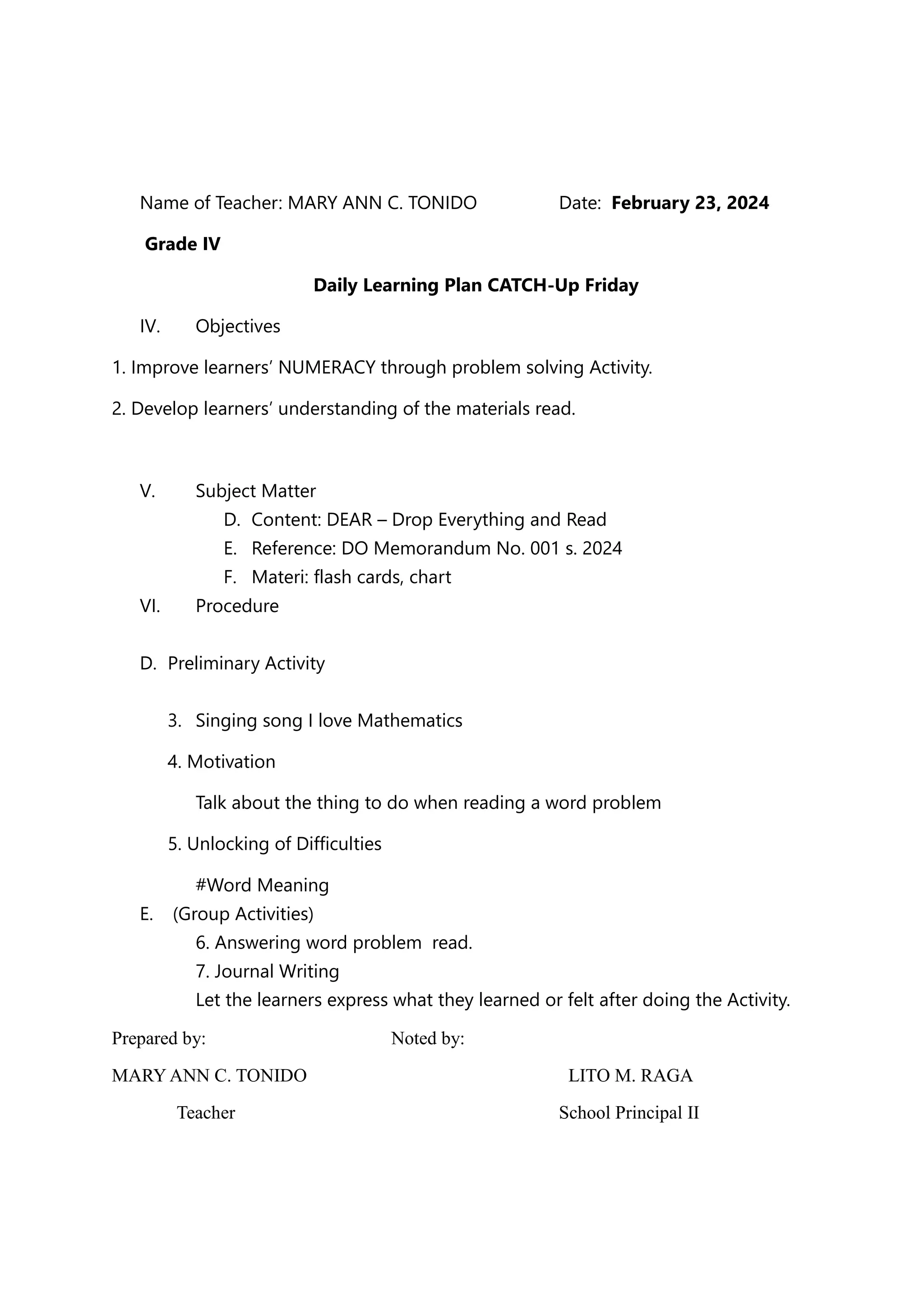 Lesson on CATCH -UP FRIDAY in Accordance to the Memo | DOCX