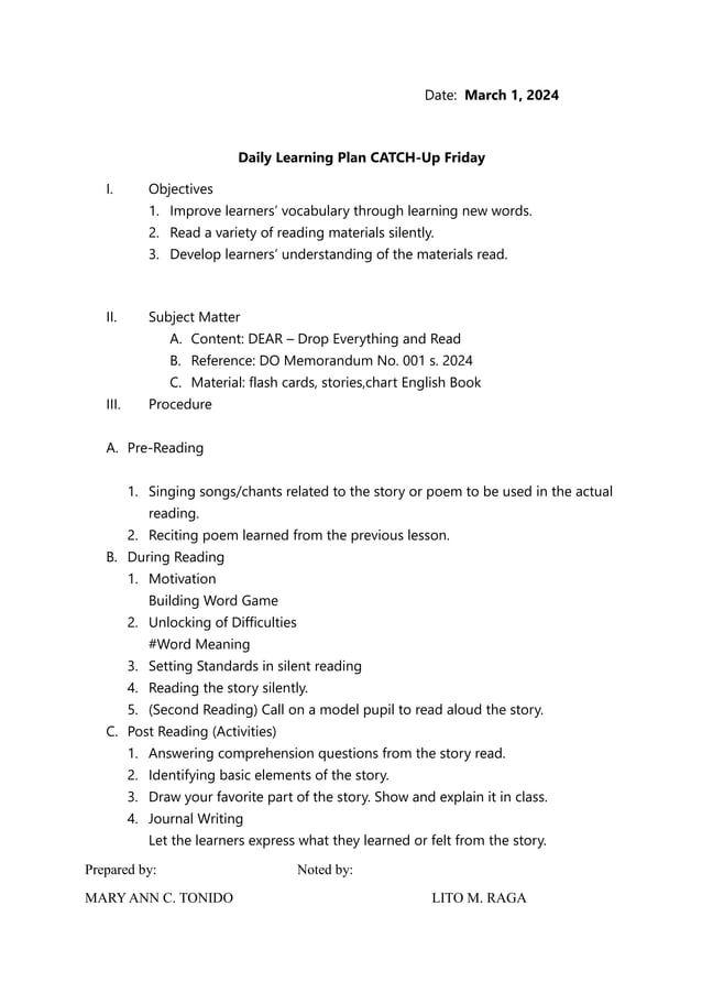 Lesson on CATCH -UP FRIDAY in Accordance to the Memo | DOCX | Homework ...