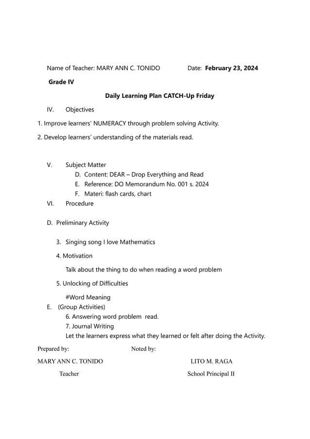 Lesson on CATCH -UP FRIDAY in Accordance to the Memo | DOCX | Homework ...