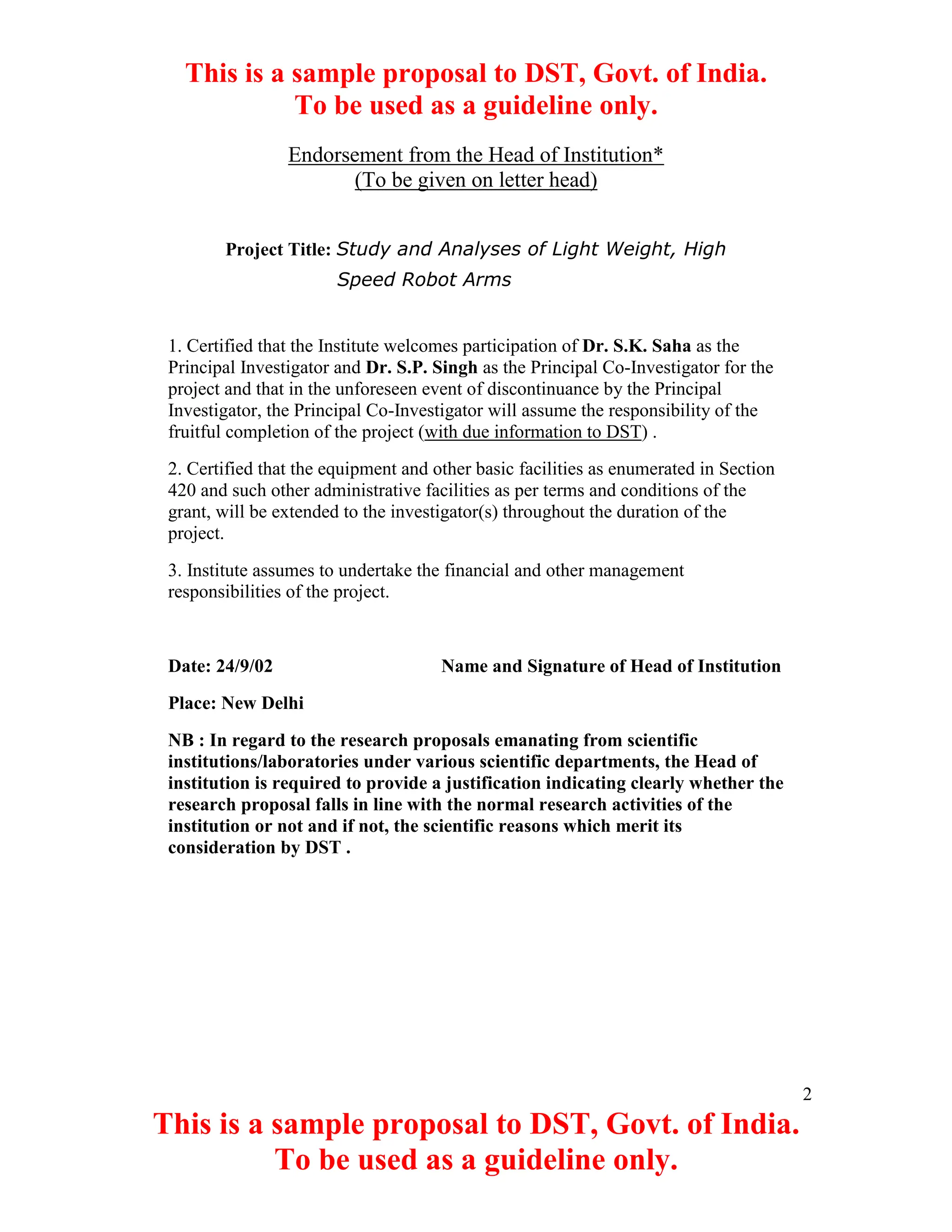 Sample document for submitting Proposals to Department o Science and ...