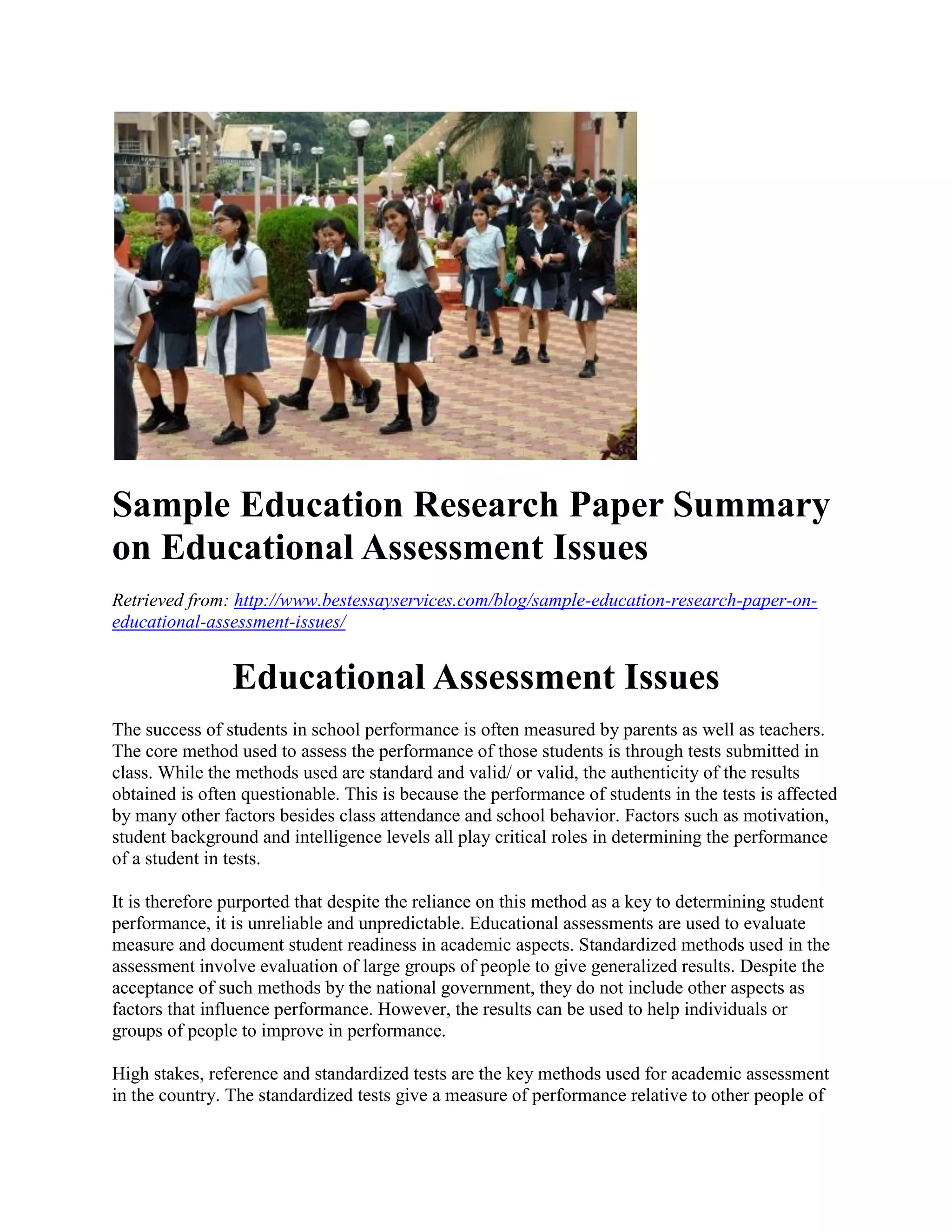 Sample Education Research Paper Summary on Educational Assessment ...
