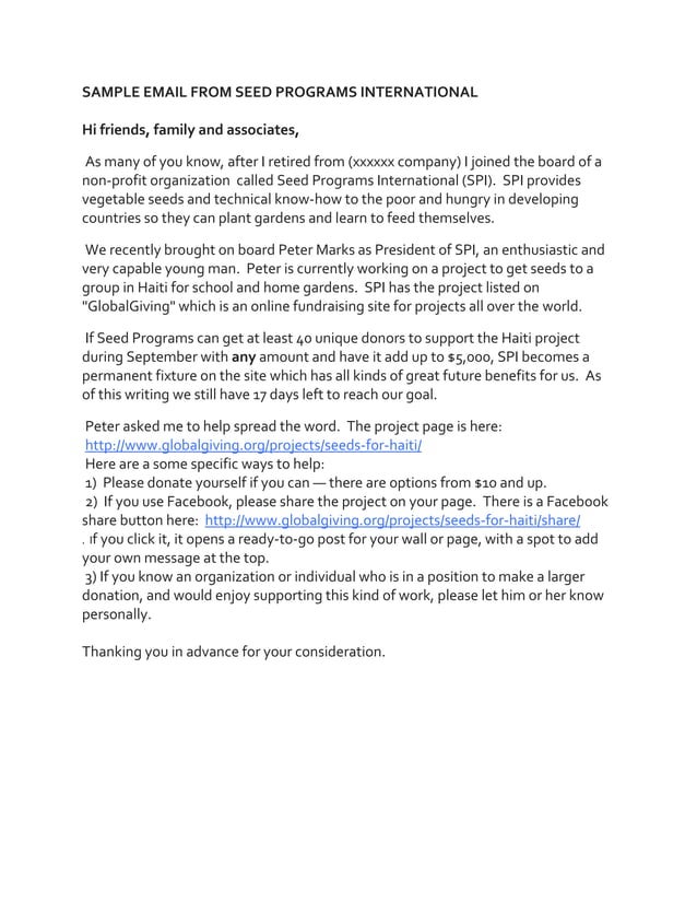 Sample email from seed programs international | DOCX | Non-Profit ...