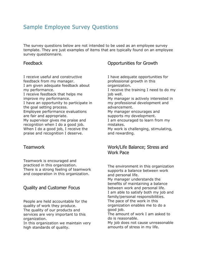Sample employee survey questions | DOCX