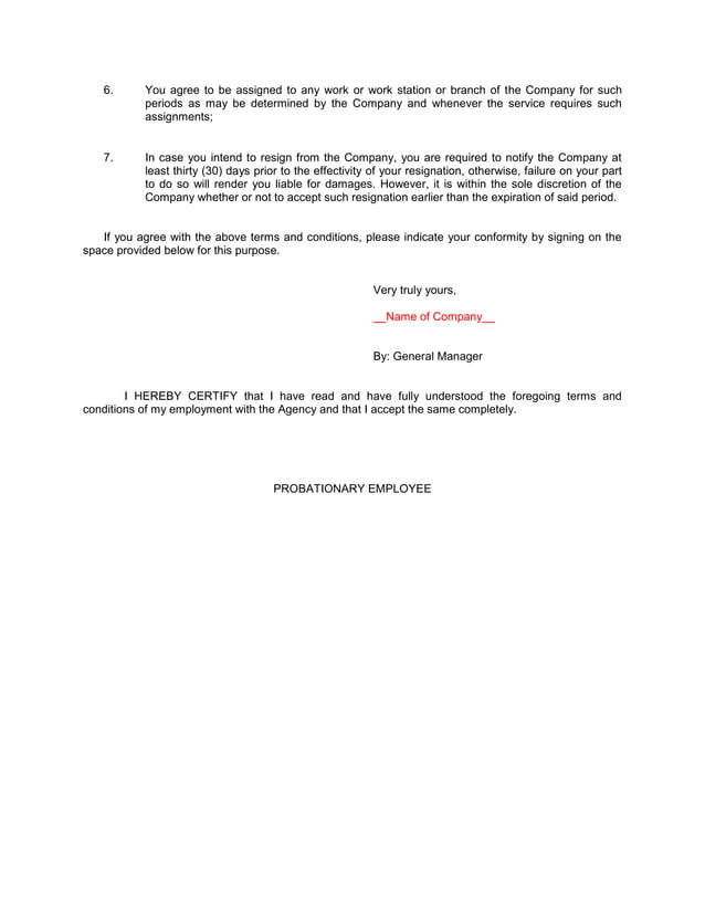 Probationary Employment Contract Sample | PDF