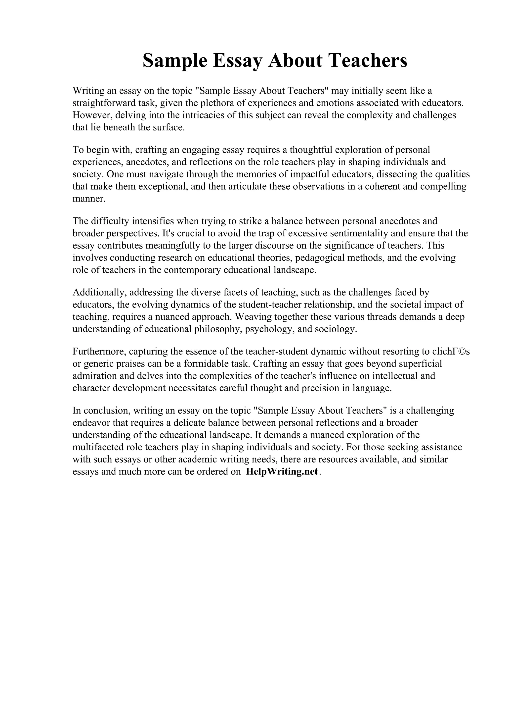 Sample Essay About Teachers. teacher essay Teachers Classroom | PDF