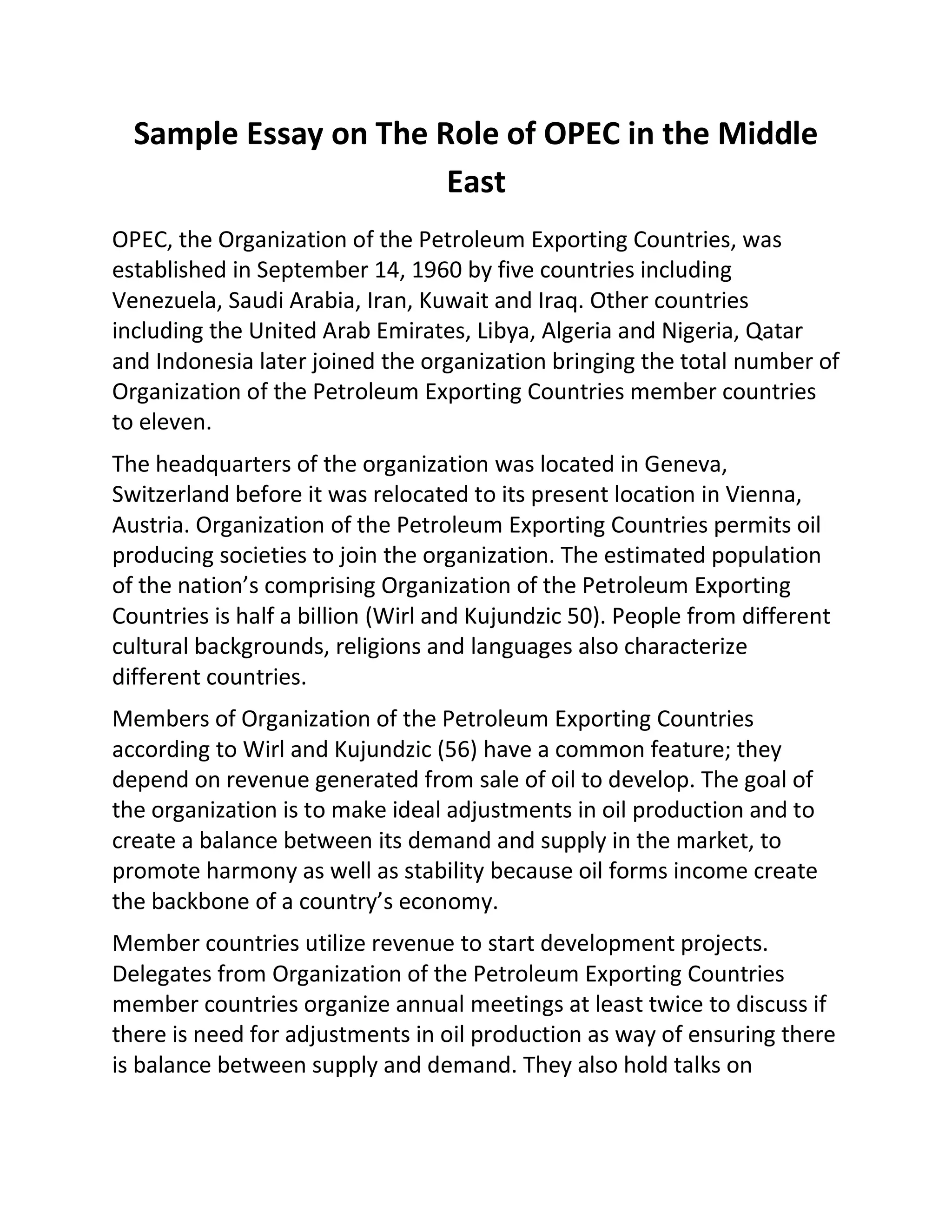 Sample essay on the role of opec in the middle east | PDF
