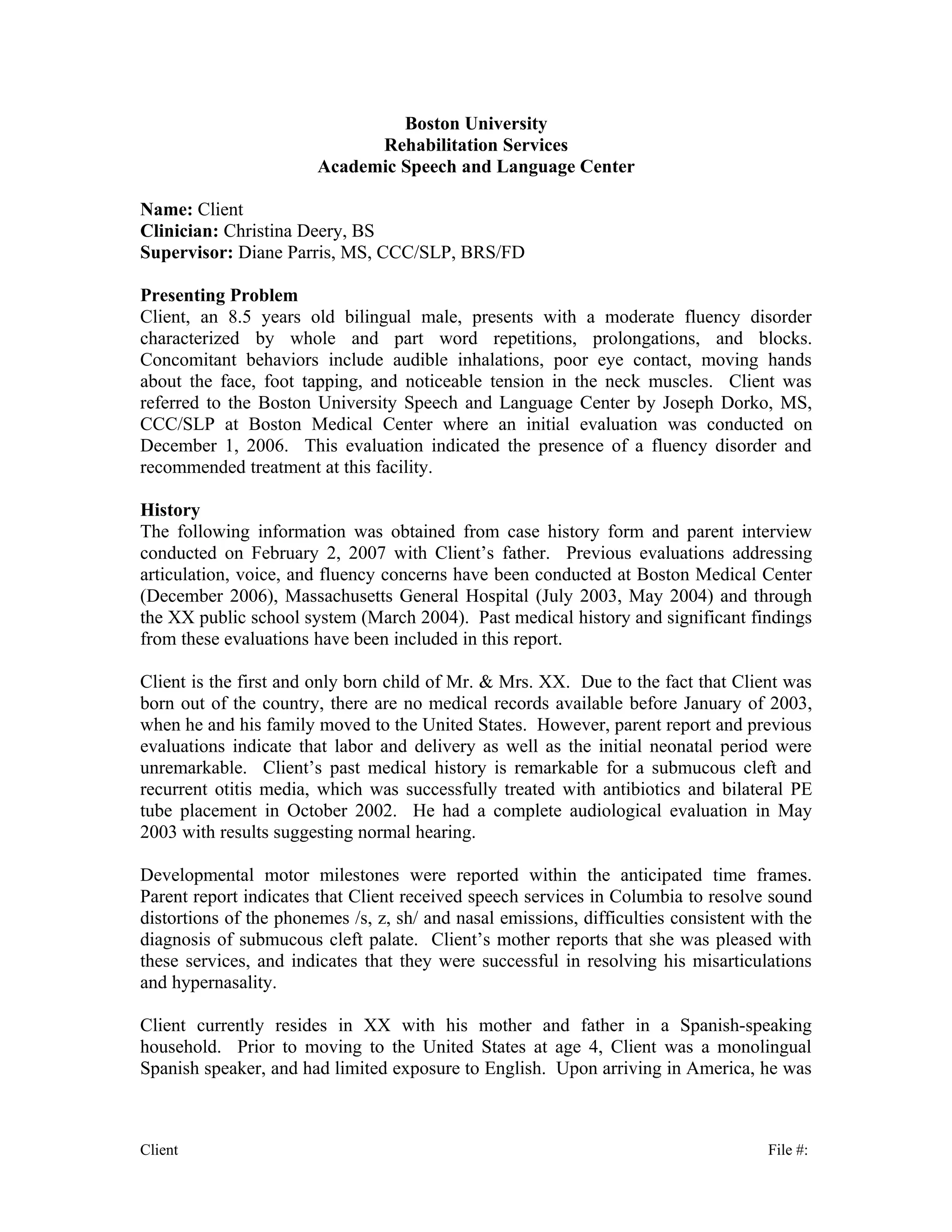 Sample evaluation school age client | DOC