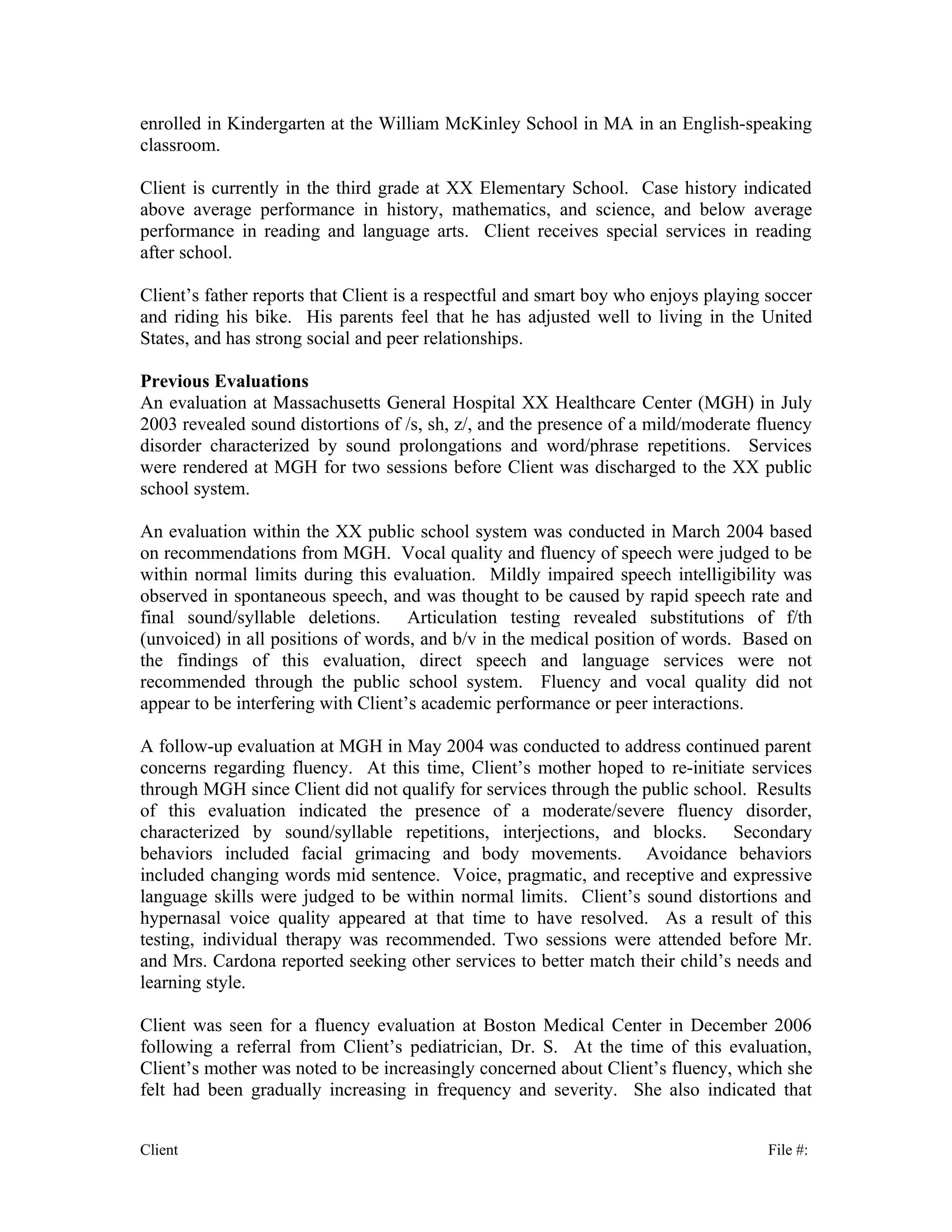 Sample evaluation school age client | DOC