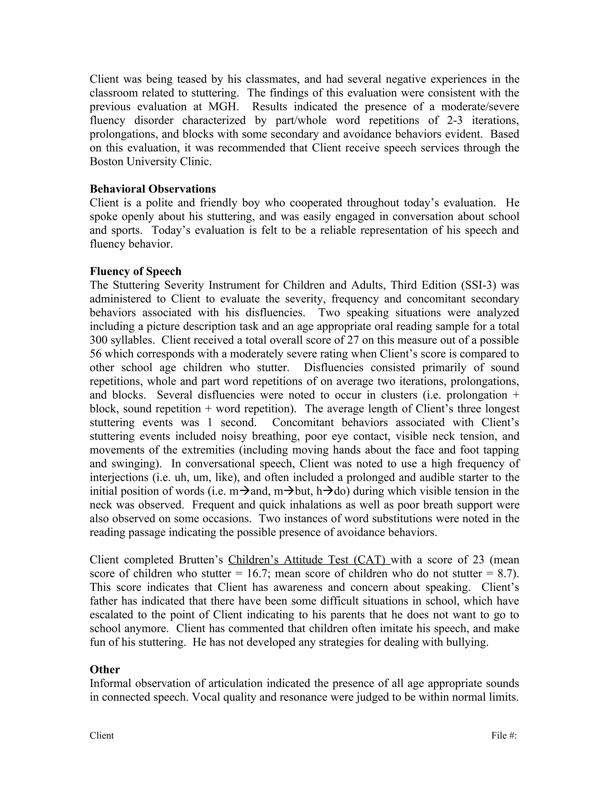 Sample evaluation school age client | DOC