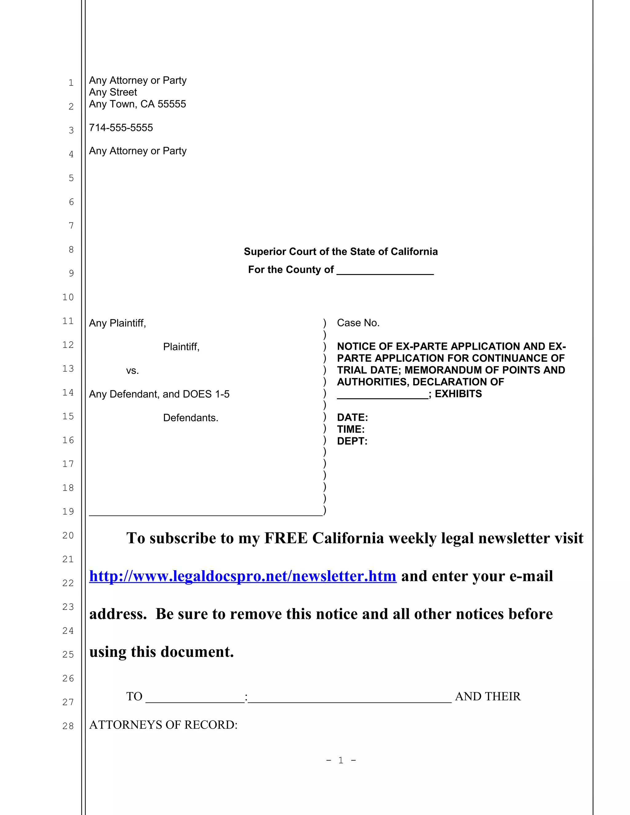 Sample ex parte application for continuance of trial date for ...