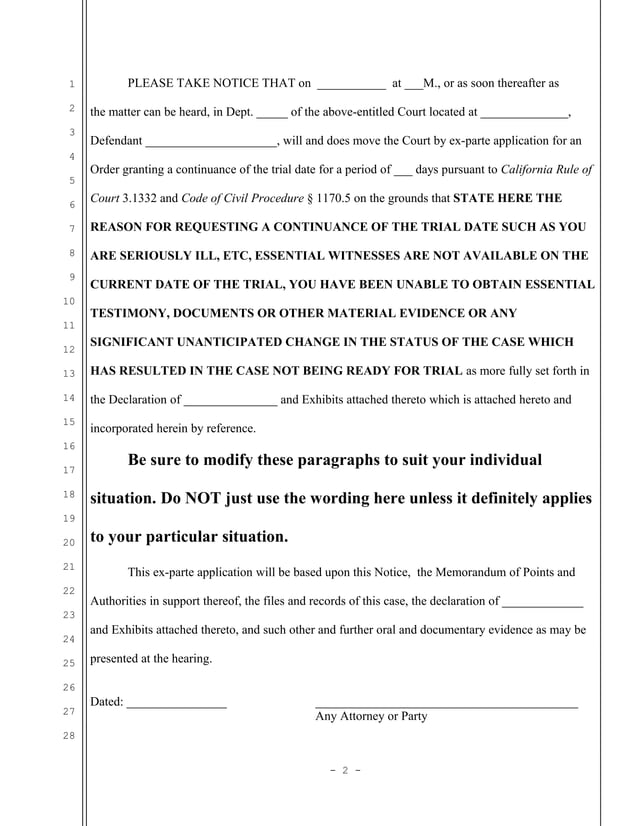Sample ex parte application for continuance of trial date for ...