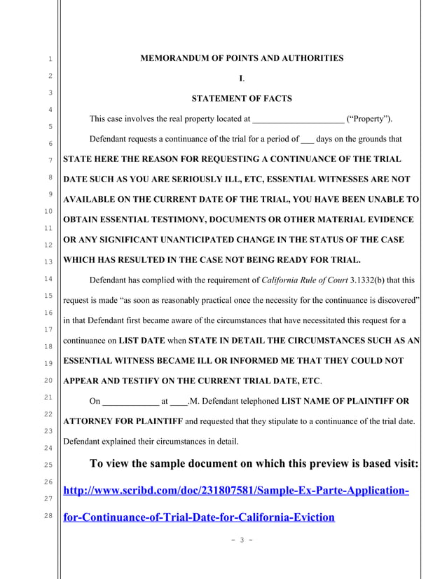 Sample ex parte application for continuance of trial date for ...