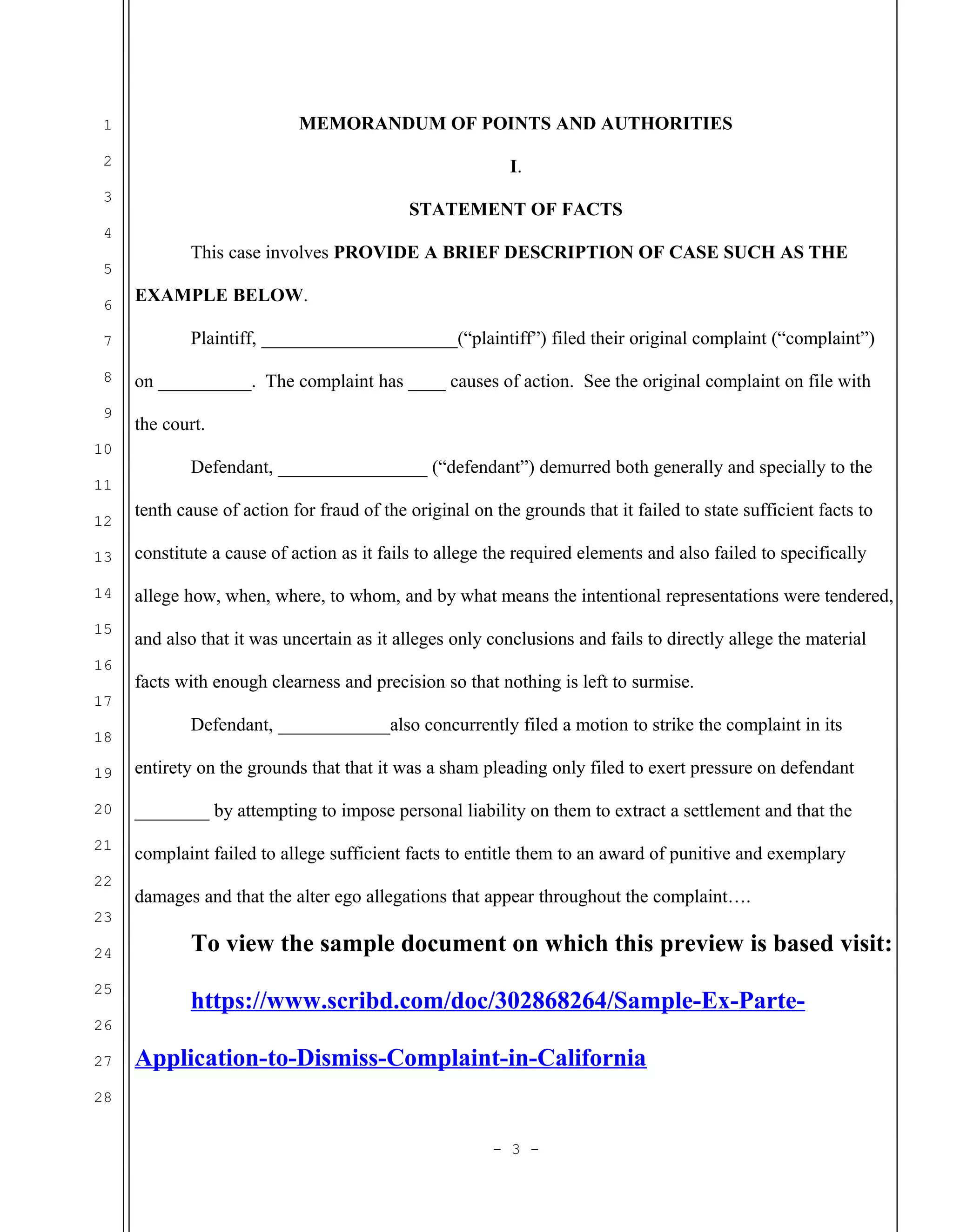 Sample ex parte application to dismiss complaint in california | DOC