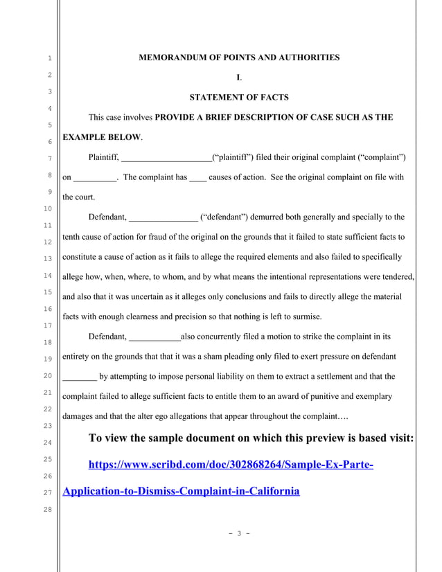 Sample ex parte application to dismiss complaint in california | DOC ...
