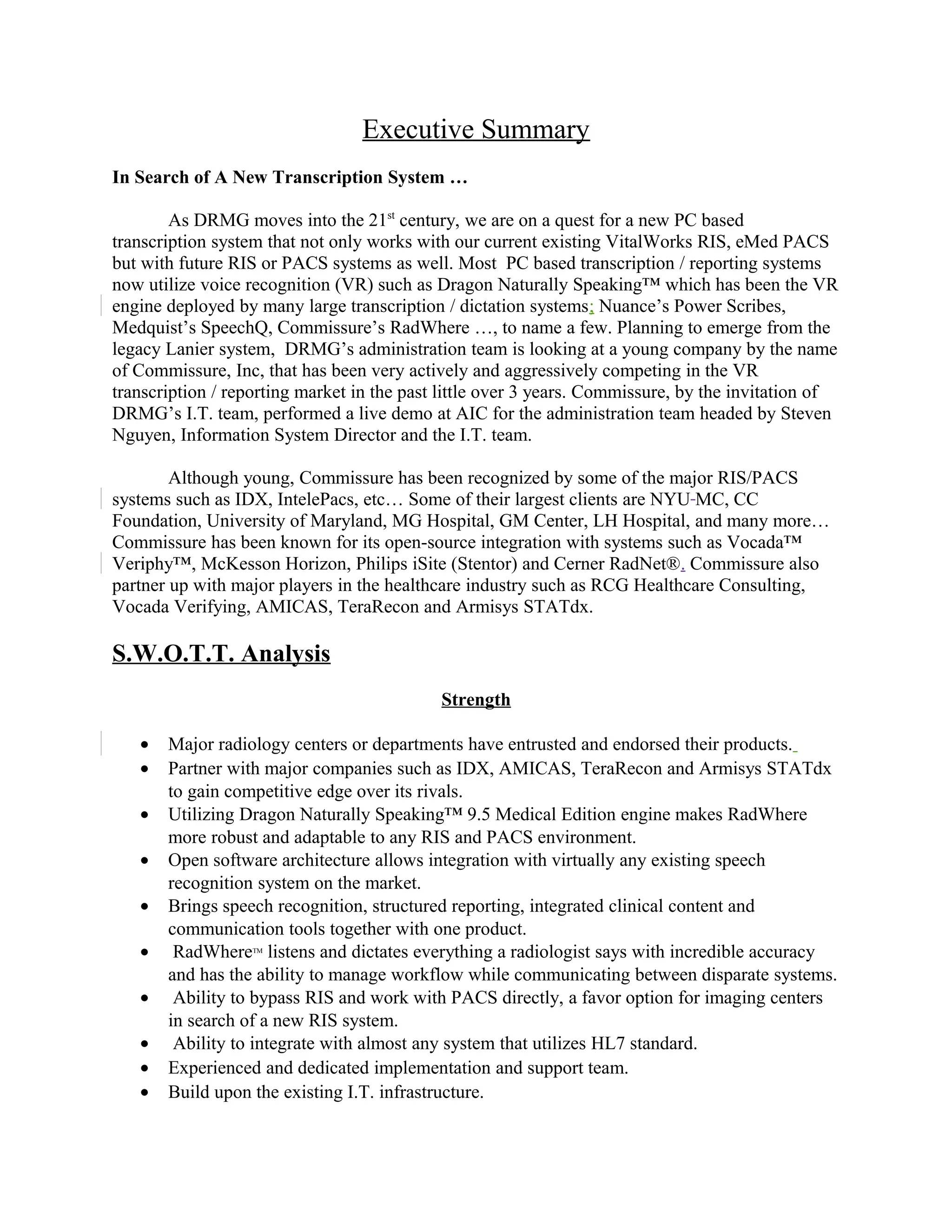 Sample executive summary | DOC | Computing | Technology & Computing