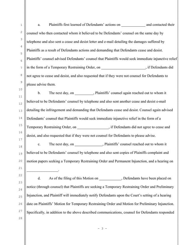 Sample ex parte application for TRO and preliminary injunction in ...