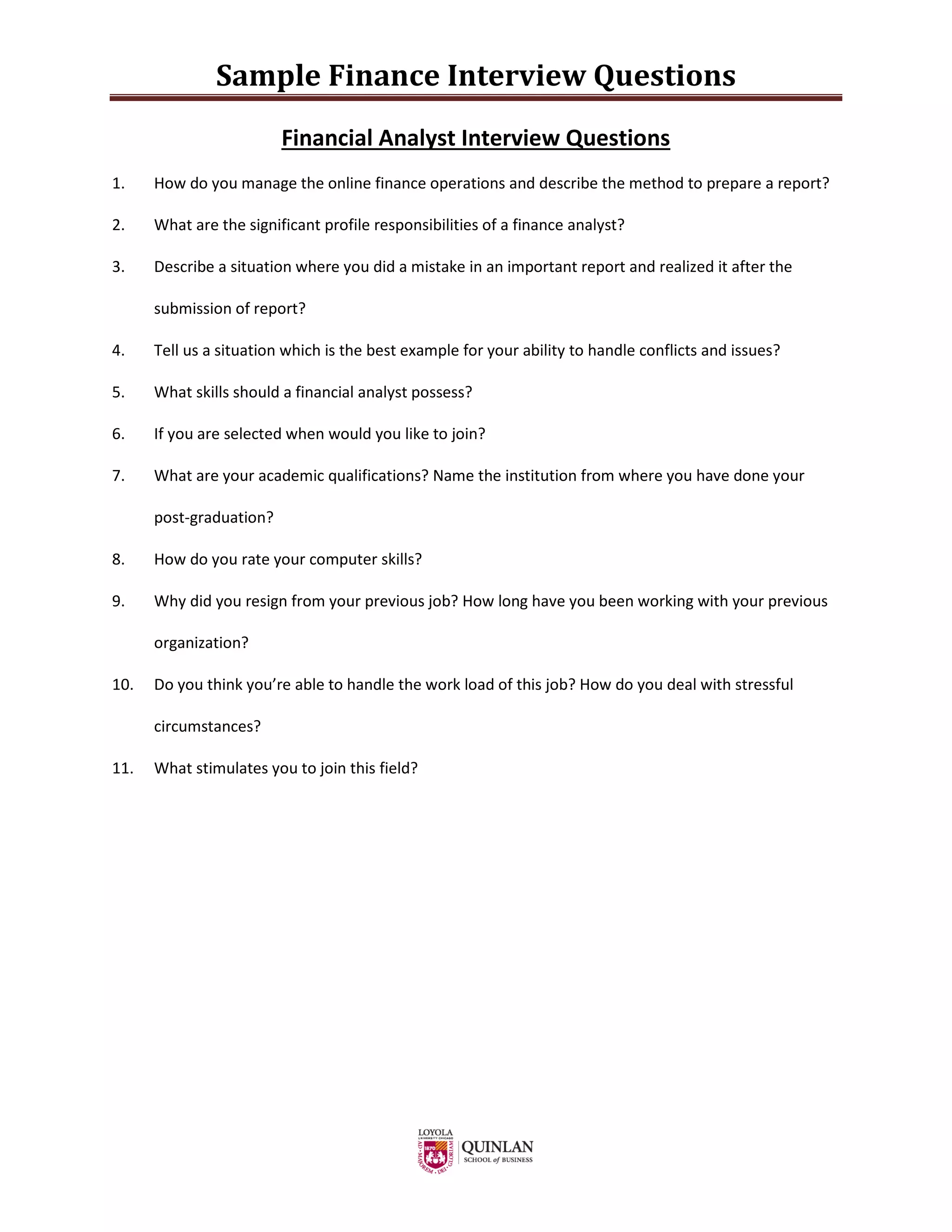 Sample finance interview questions | PDF