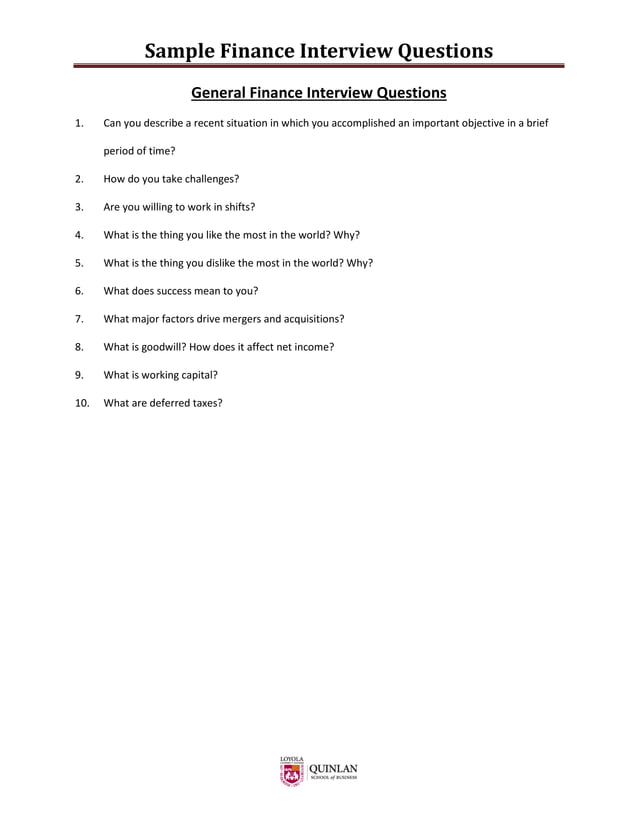 Sample finance interview questions | PDF