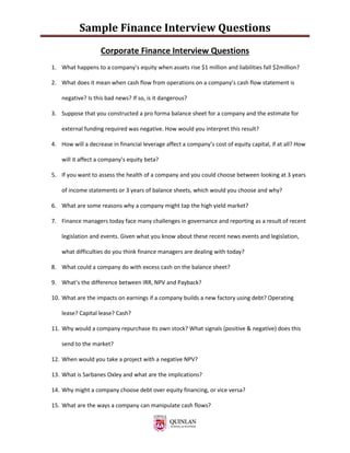 Sample finance interview questions | PDF
