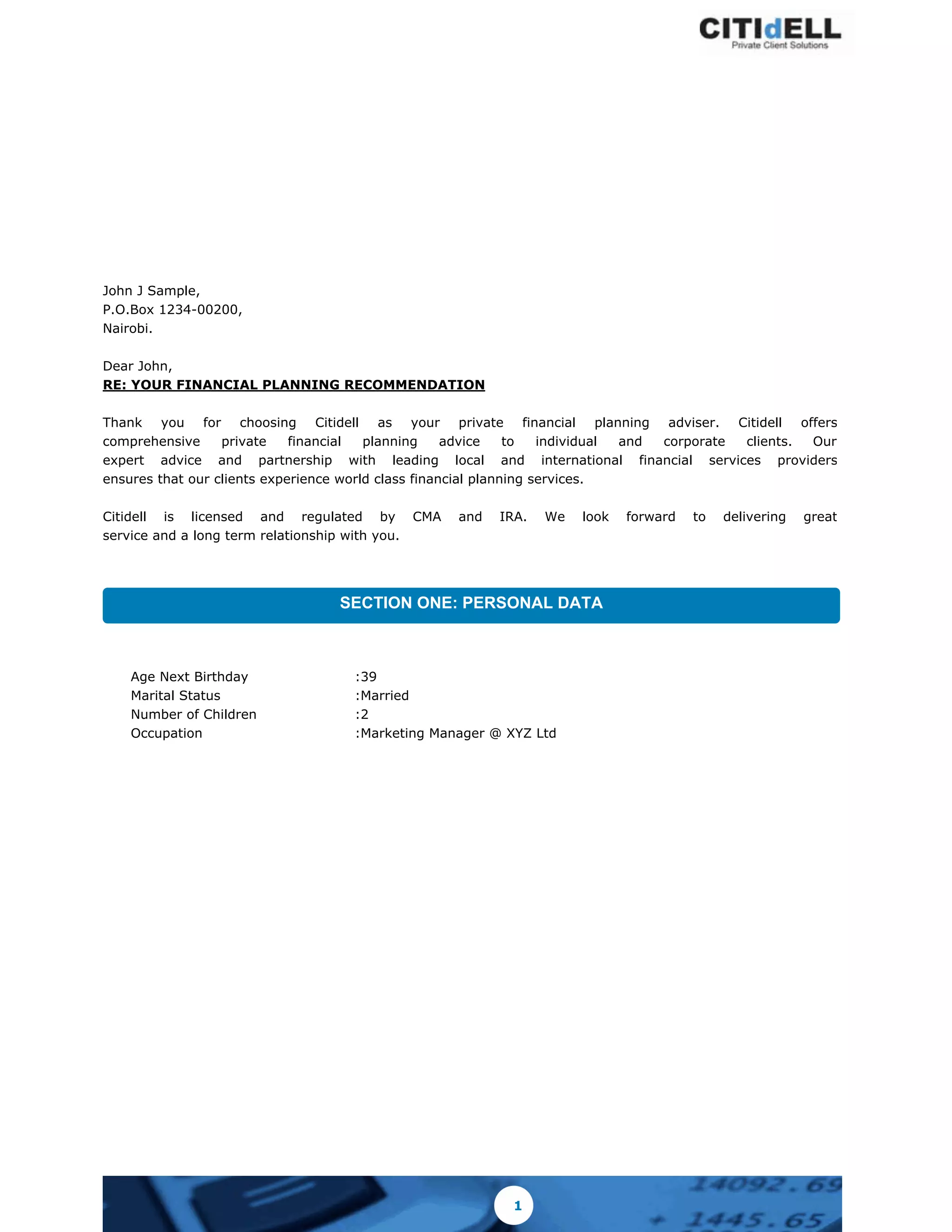 Sample financial planning recommendation from citidell | PDF