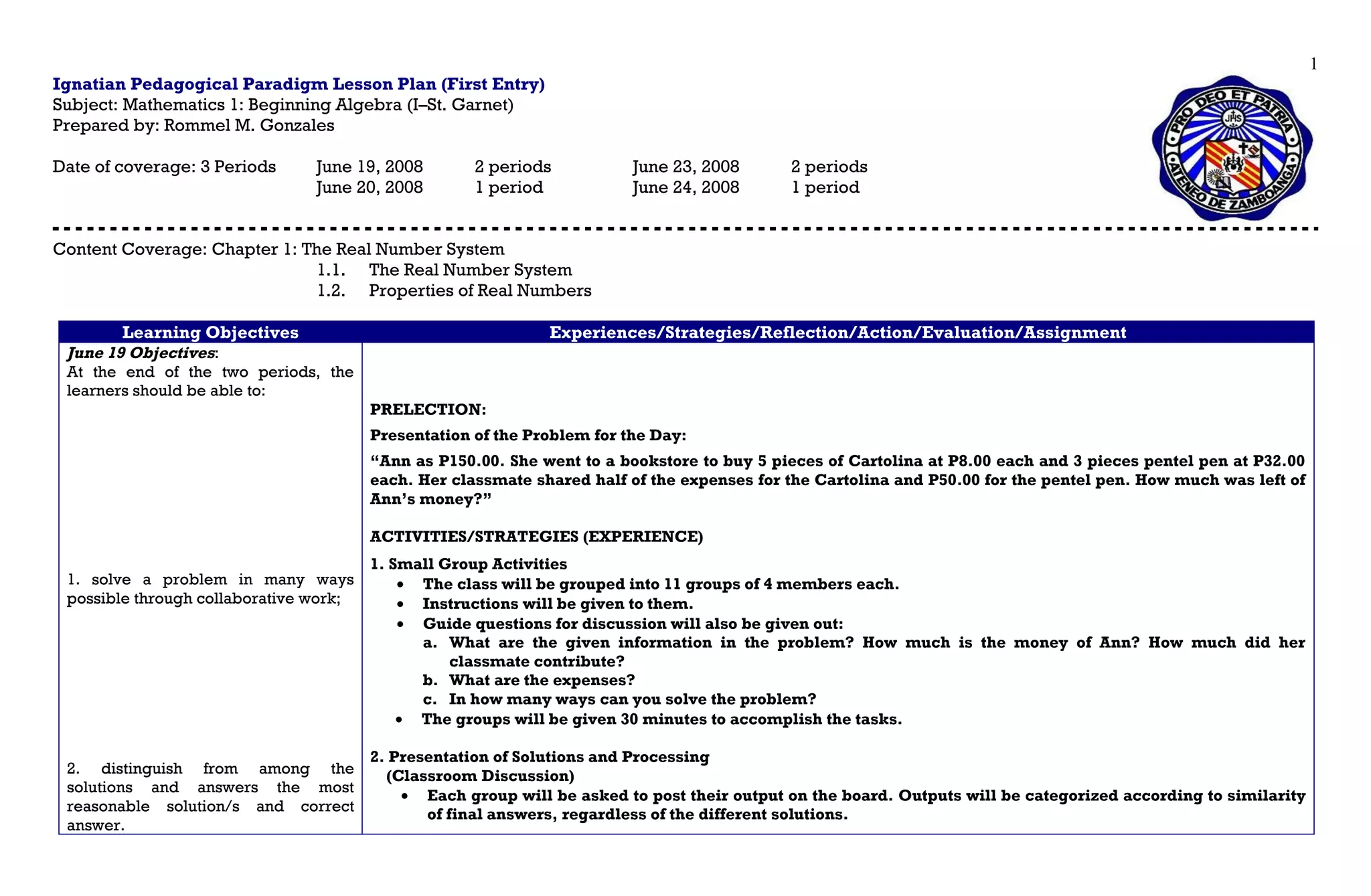Sample first year mathematics ipp lesson plans | DOC | Homework and ...