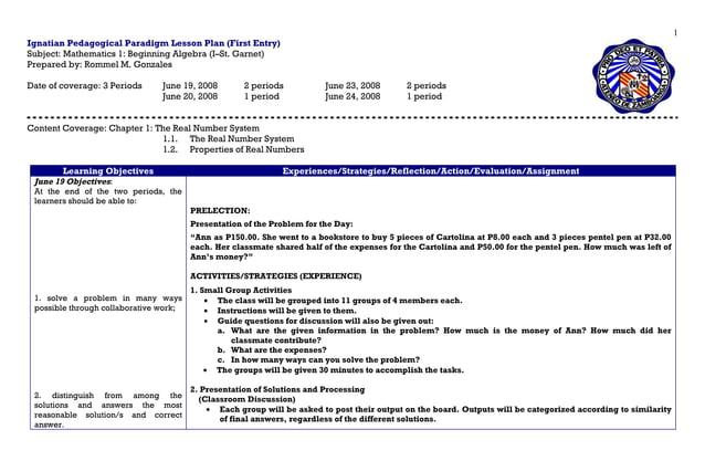 Sample first year mathematics ipp lesson plans | PPT