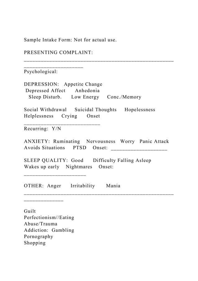 Sample Intake Form Not for actual use. PRESENTING COMPLAINT .docx