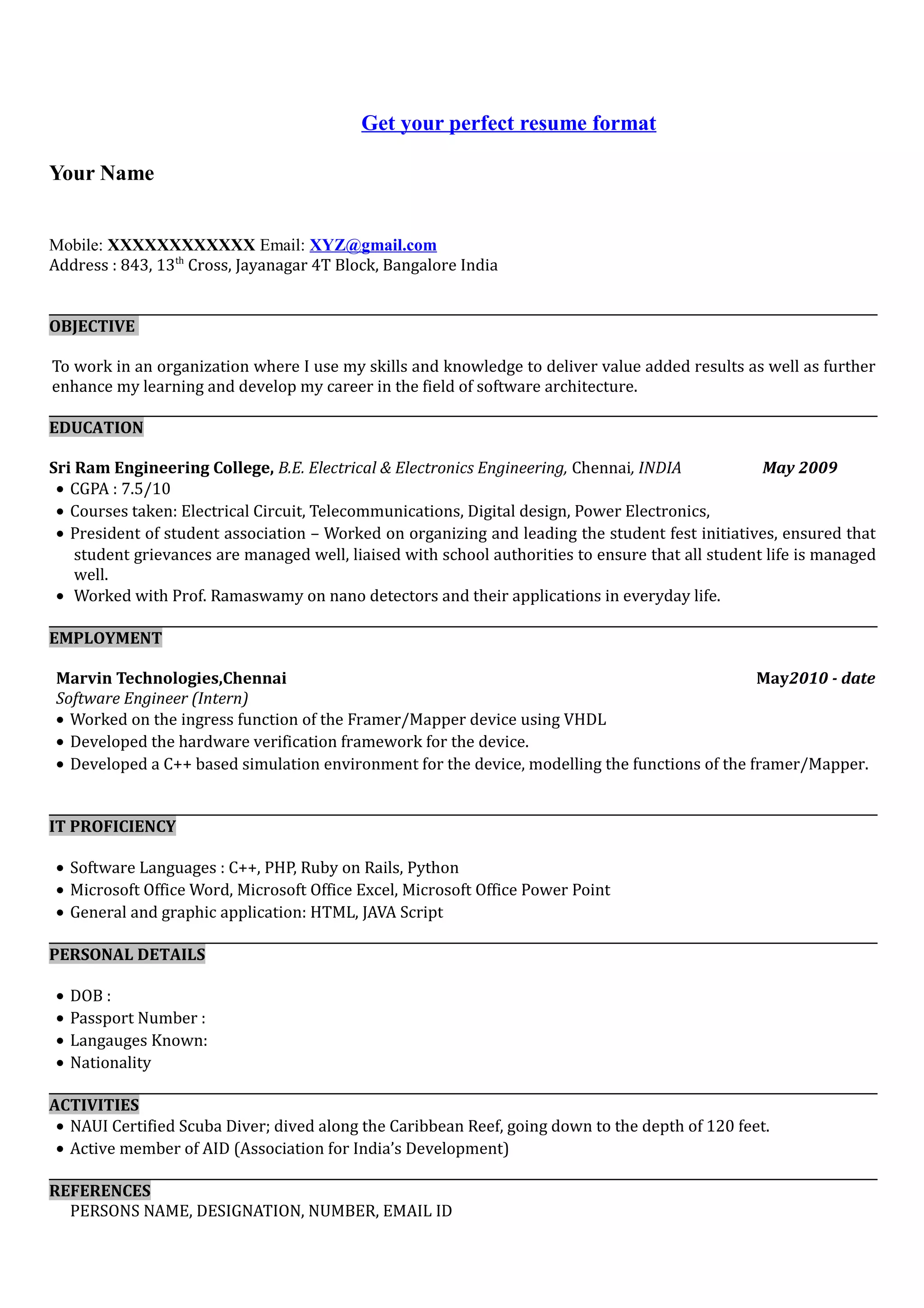 Sample it resume format | DOC | Professional School | Postgraduate Education
