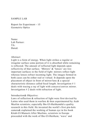SAMPLE LABReport for Experiment - 15Geometric Optics.docx