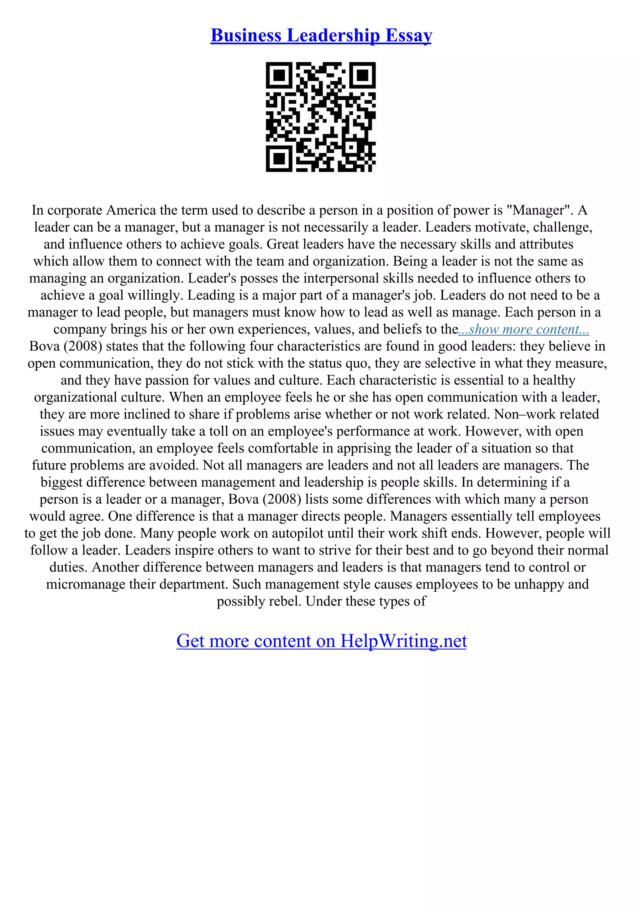 Sample Leadership Essay | PDF