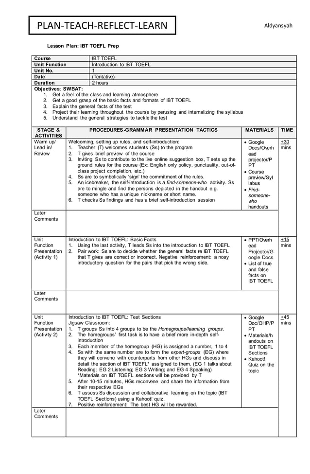 Sample lesson plan; 1st unit - TOEFL IBT introduction | DOCX