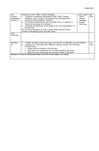Sample lesson plan; 1st unit - TOEFL IBT introduction | DOCX
