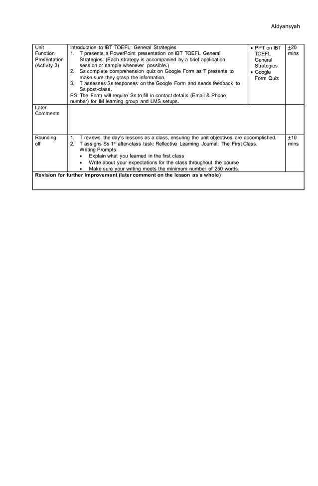 Sample lesson plan; 1st unit - TOEFL IBT introduction | DOCX