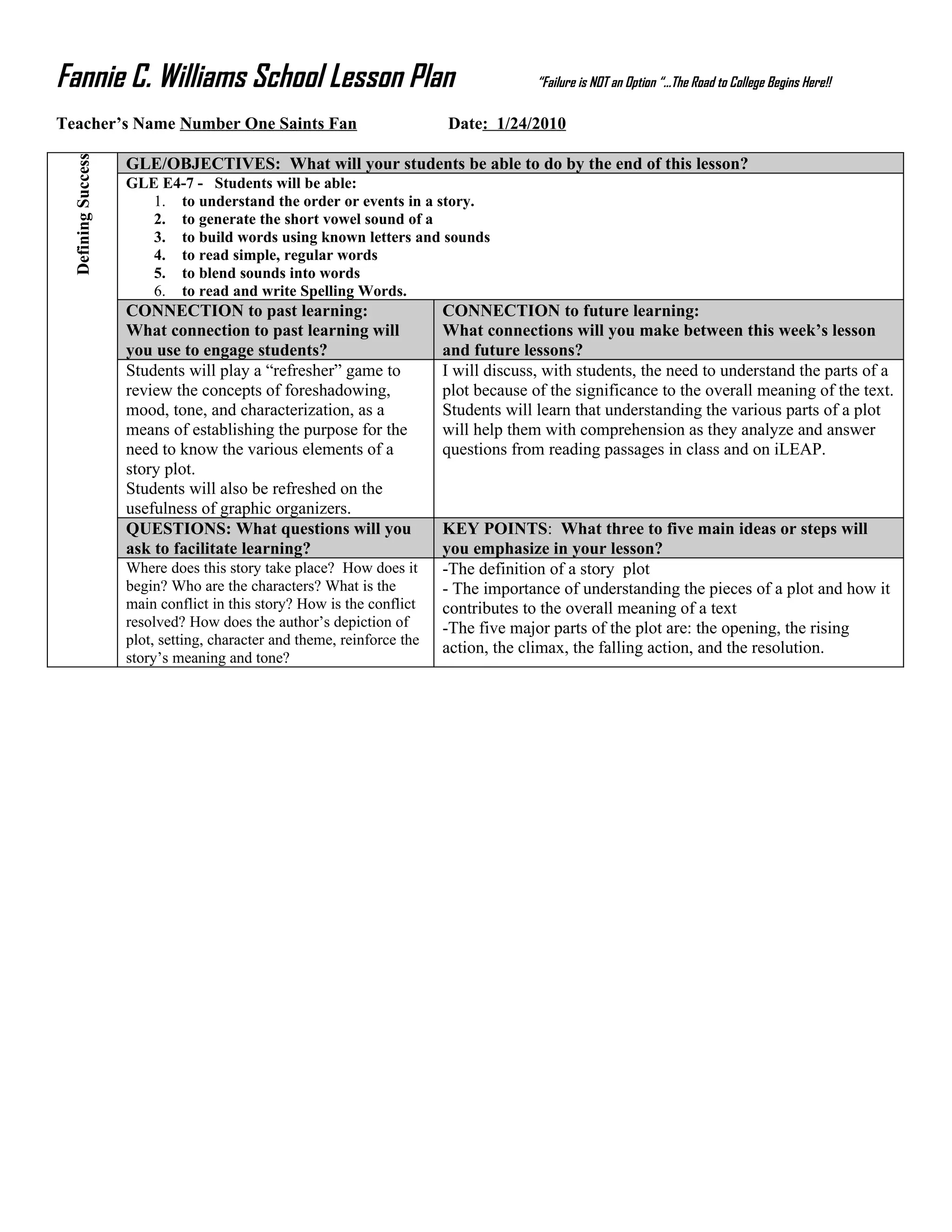 Sample lesson plan 2010 2011[1st] | DOC