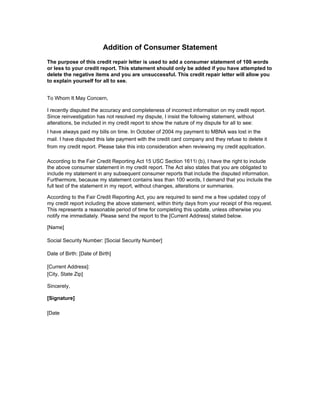 Sample letter addition of consumer statement | PDF