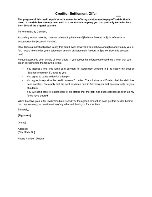 Sample letter creditor settlement offer | DOC | Credit Cards | Personal ...