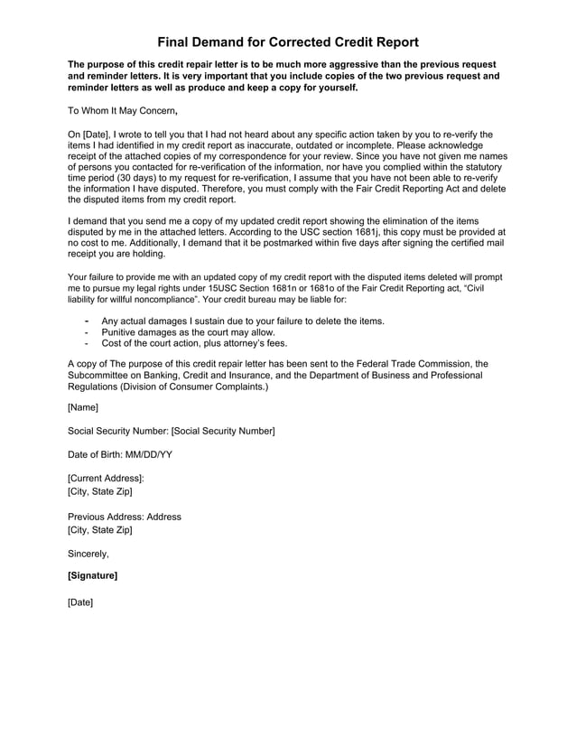 Sample letter final demand for corrected credit report | DOC | Consumer ...