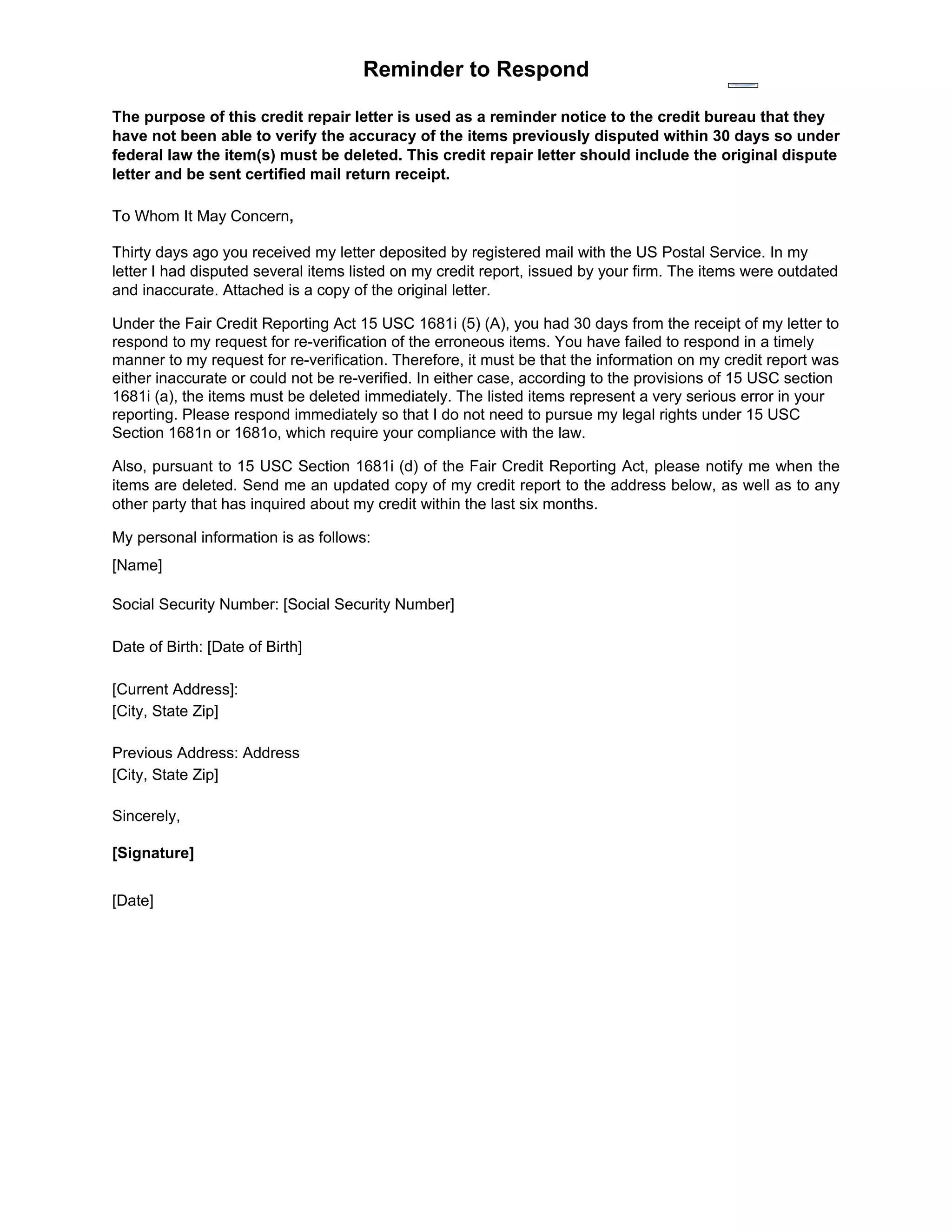 Sample letter reminder to respond | DOC