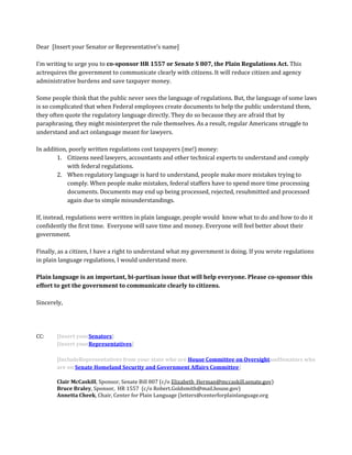 Sample letter for voters and taxpayers to asking your Congressmen to co ...