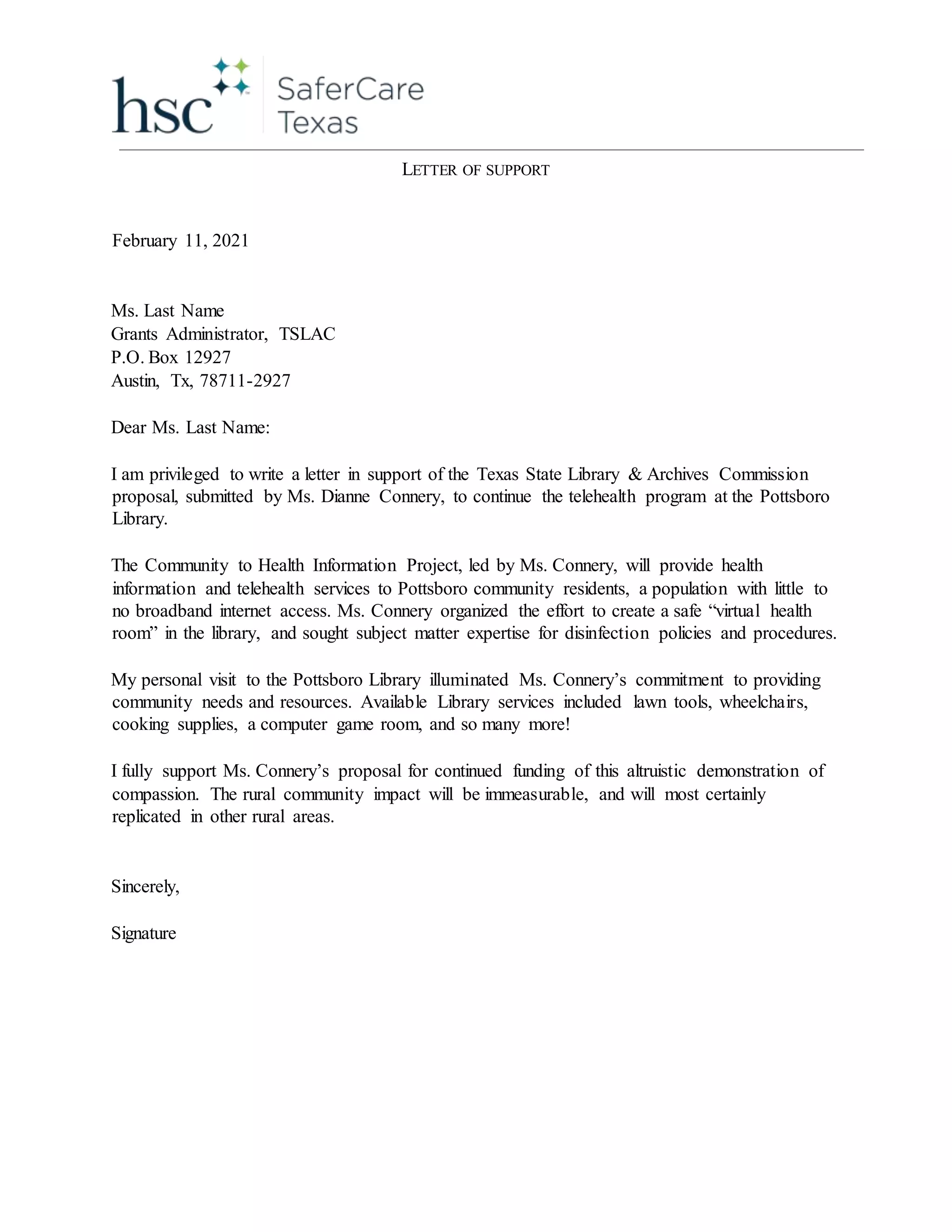 BTSL 2021: Grant Writing: Sample letter of support | DOCX