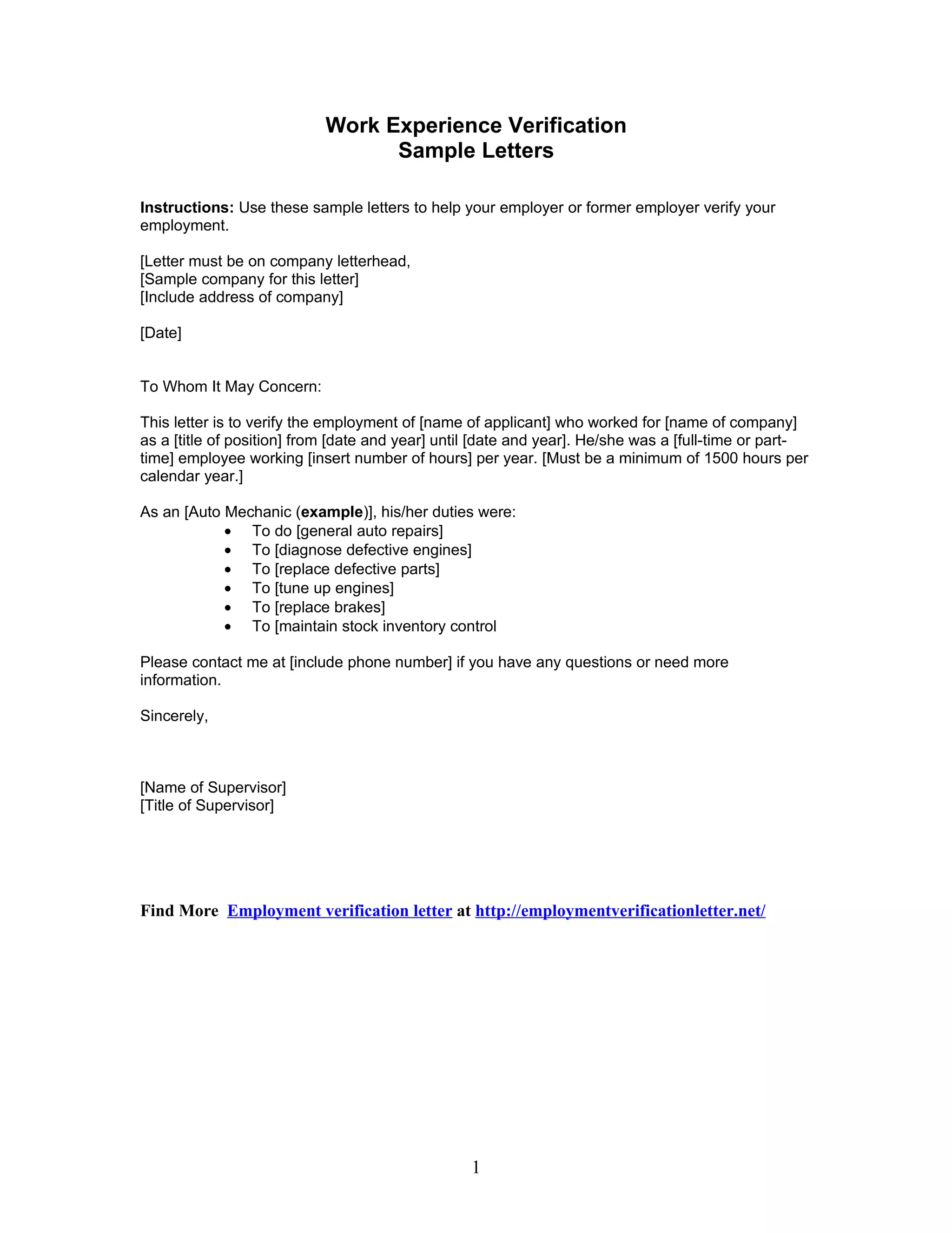 Sample Letters - Work Experience Verification | DOC
