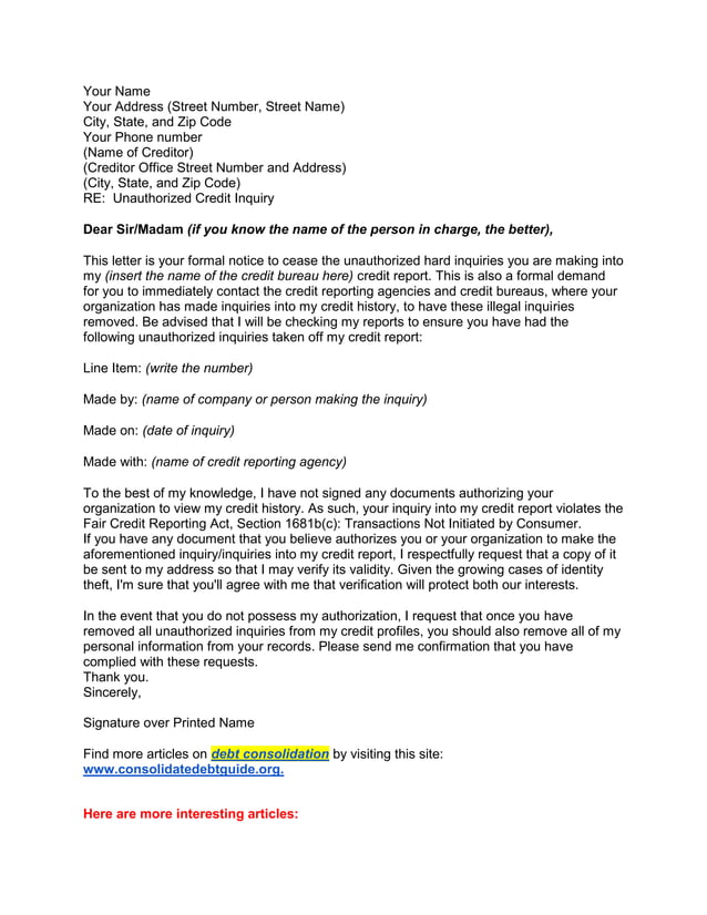 Sample Letters To Remove Inquiries Sample Letters To Remove Inquiries